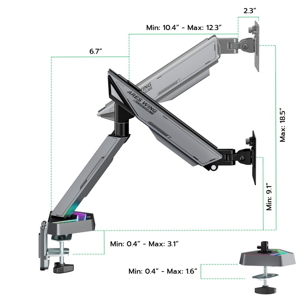 ARES Wing RGB Monitor Arm 17-45" Dual Desk Mount, Heavy Duty, VESA ...