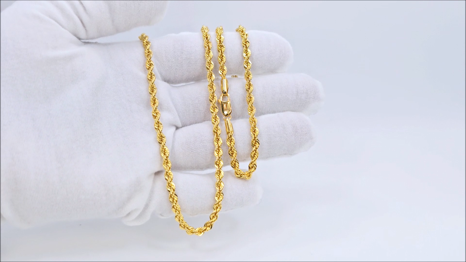 22K Yellow Gold Rope Chain Necklace 24 in Hollow 3.6mm Genuine ...