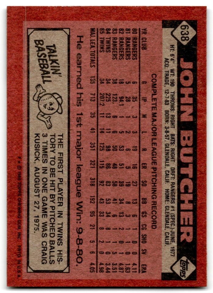 1986 Topps John Butcher Minnesota Twins #638 | eBay