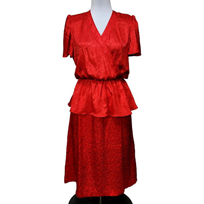 Vintage 70s Eileen Scott of Dallas L/XL Red Peplum Satin Surplice ...