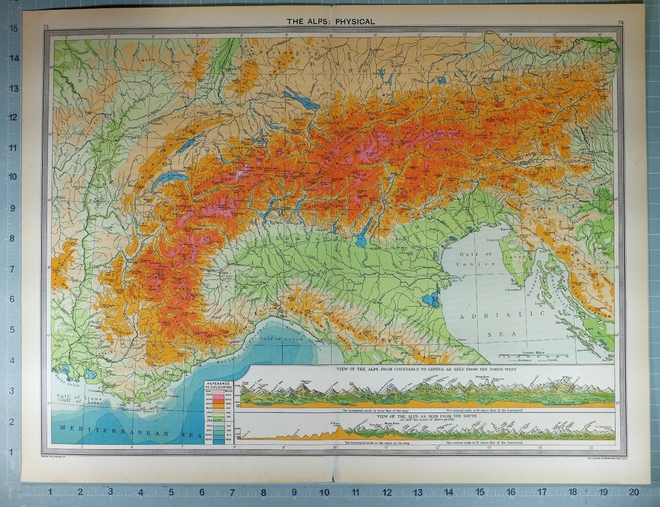 1921 LARGE MAP ALPS PHYSICAL SECTIONAL MOUNTAINS TRENTINO AUSTRIA ...