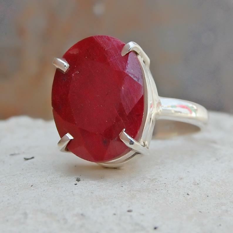 925 Sterling Silver Ring, Ruby Gemstone Handmade Artisan Prong Set Gift ...