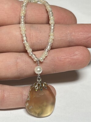 Polished Semi Translucent Stone Pendant W Pearlized Bead Chain Vintage ...