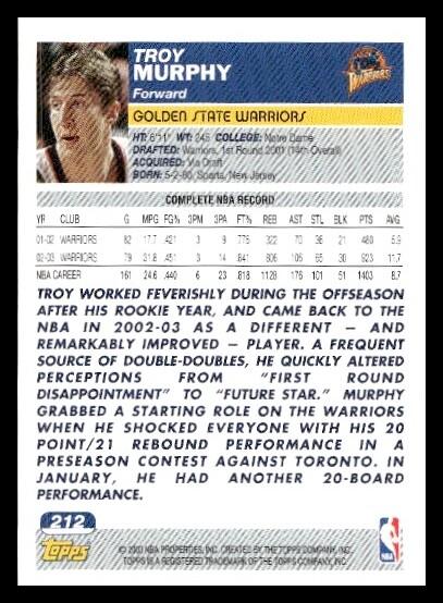2003 Topps #212 Troy Murphy Golden State Warriors Basketball card | eBay