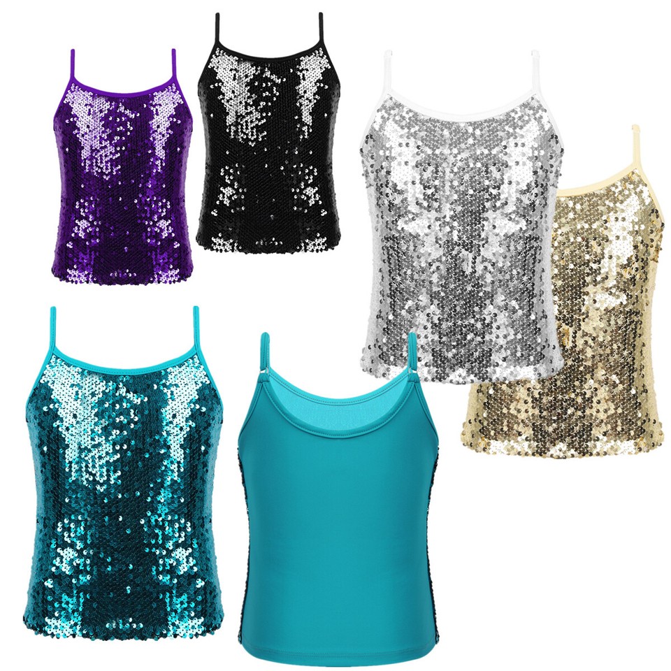 Girls Sparkle Sequins Dance Camisole Tank Tops Cheer Jazz Performance ...