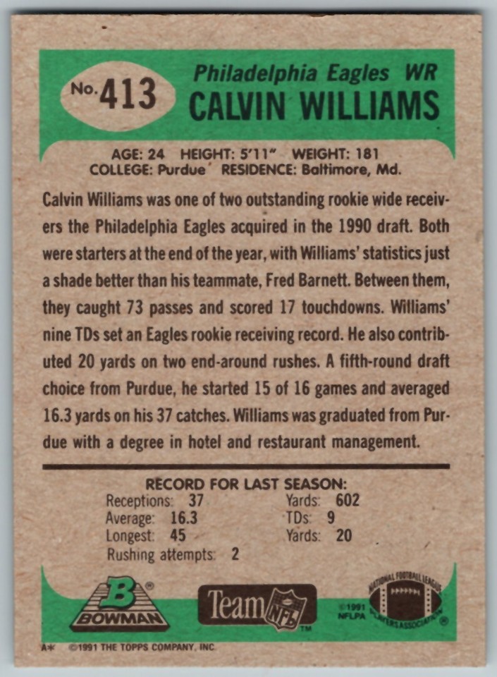 1991 BOWMAN CALVIN WILLIAMS PHILADELPHIA EAGLES #413 | eBay