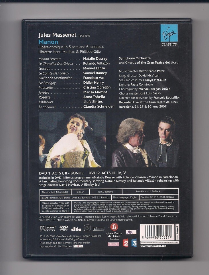 JULES MASSENET - Manon DVD 2-disc set - Natalie Dessay - Gran Teatre ...