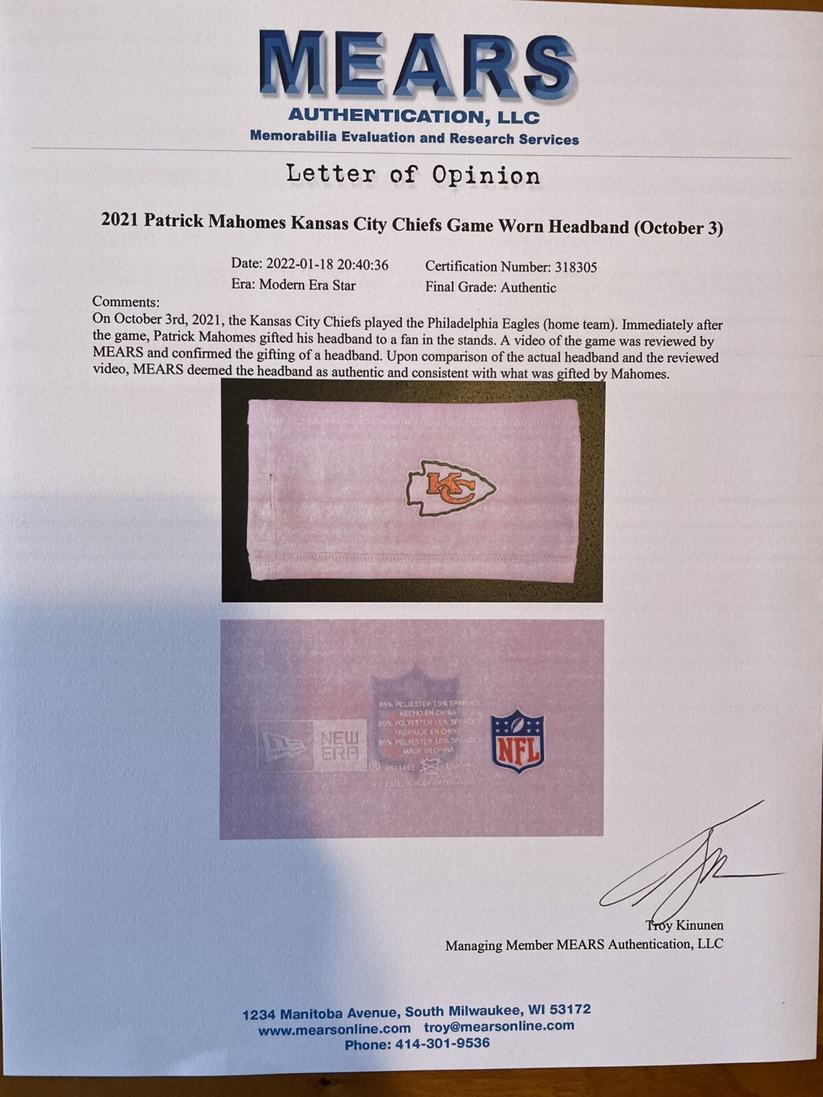 Patrick Mahomes Game Used/Game Worn Headband From Chiefs Vs. Eagles ...