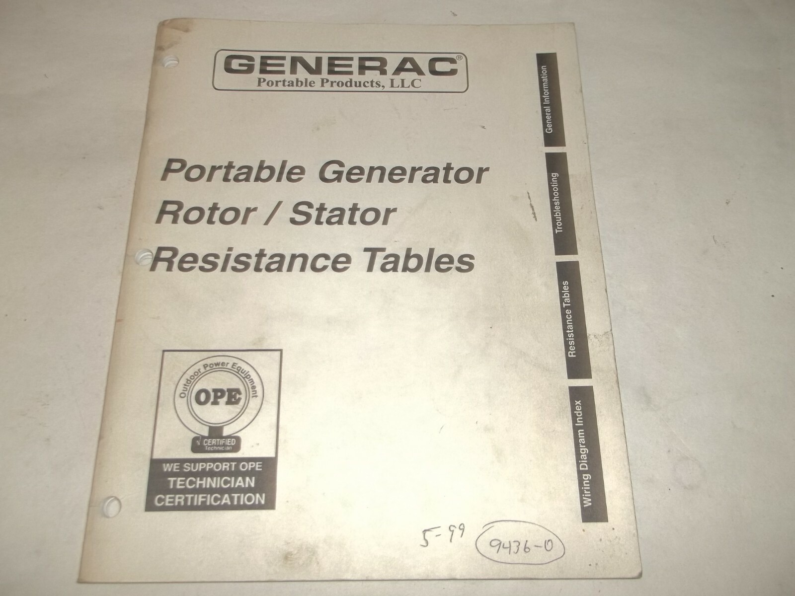 Generac Portable Generator Rotor Stator resistance tables manual | eBay