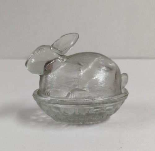 Vintage LE Smith Clear Glass Bunny Rabbit On A Nest Covered Candy Dish ...