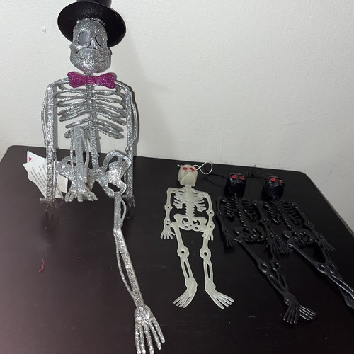 Halloween Skeleton Lot: Hanging Rubber And Sitting Metal Glitter Props ...