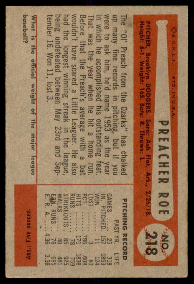 Preacher Roe Card 1954 Bowman #218 | eBay