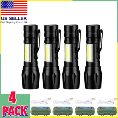 4pcs LED Tactical Flashlight USB Rechargeable Lamp Super Bright 3 Modes ...