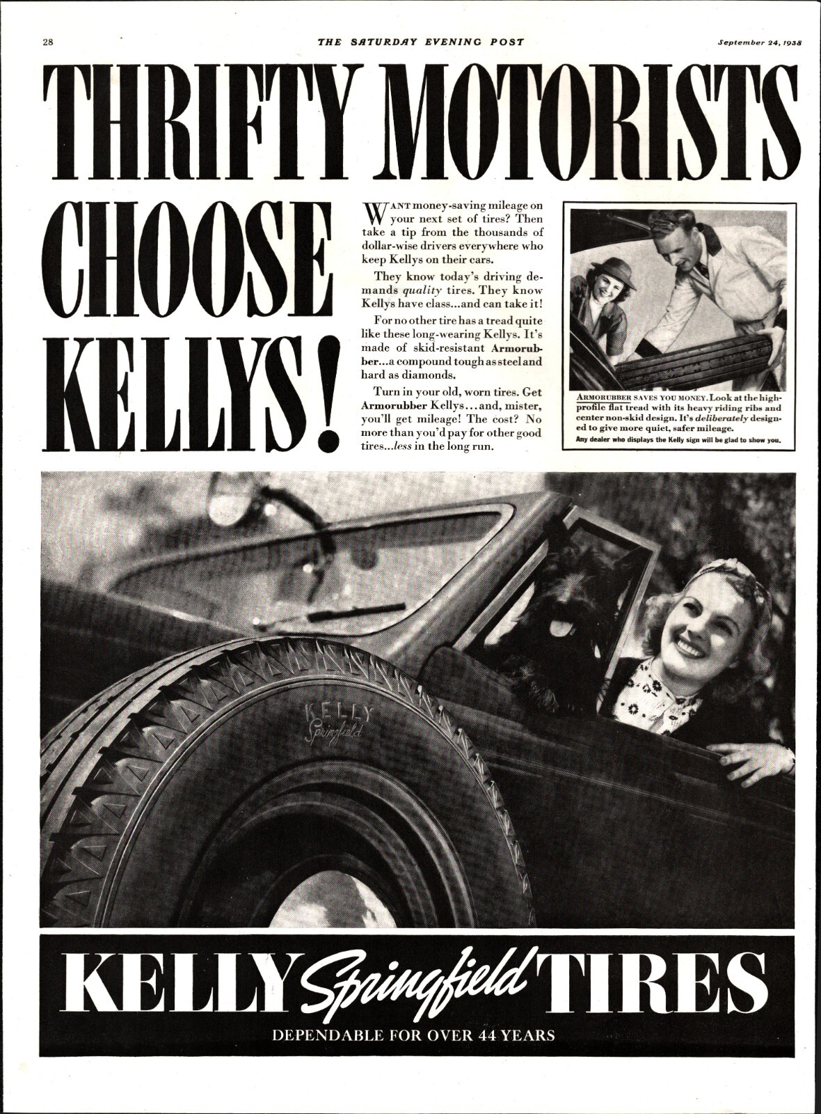 1938 KELLY SPRINGFIELD TIRES LADY Dog trade print ad | eBay