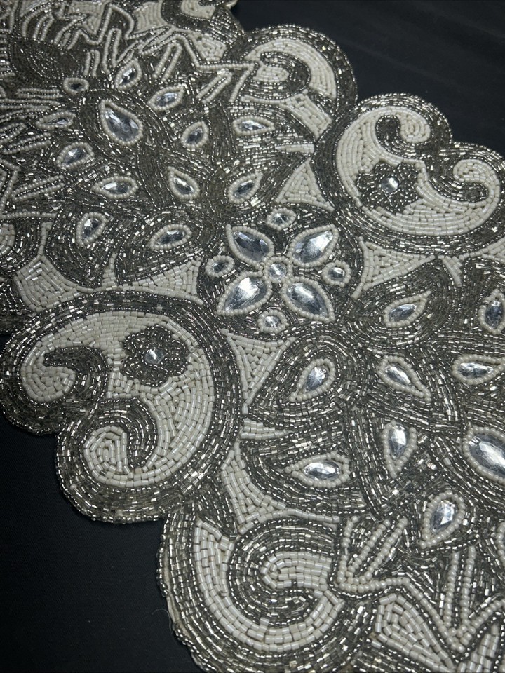 PIER 1 BEADED TABLE RUNNER SILVER & WHITE 36"x13" WEDDING HOLIDAY ...