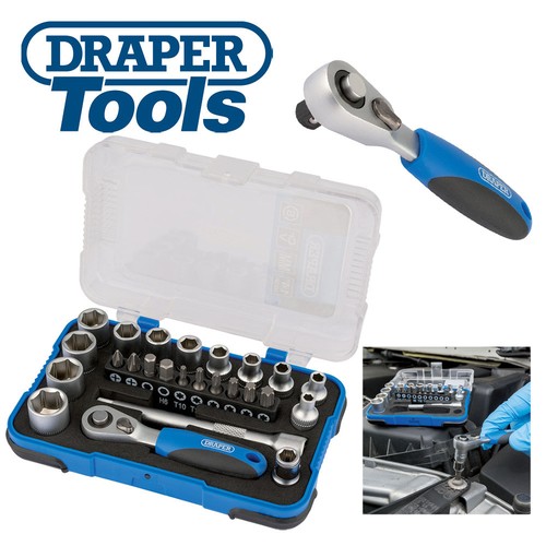 DRAPER 25 Pce Metric 1/4" Hex Socket + Mini Ratchet & Screwdriver Bit ...