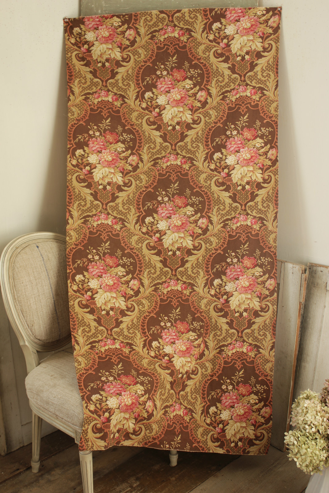 Fabric Antique French Rococo floral brown ground large scale pattern ...