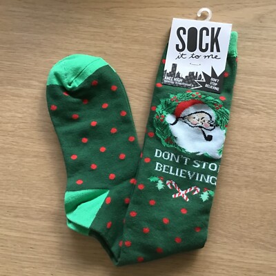 Sock It To Me Don't Stop Believing Santa Socks Knee High Christmas ...