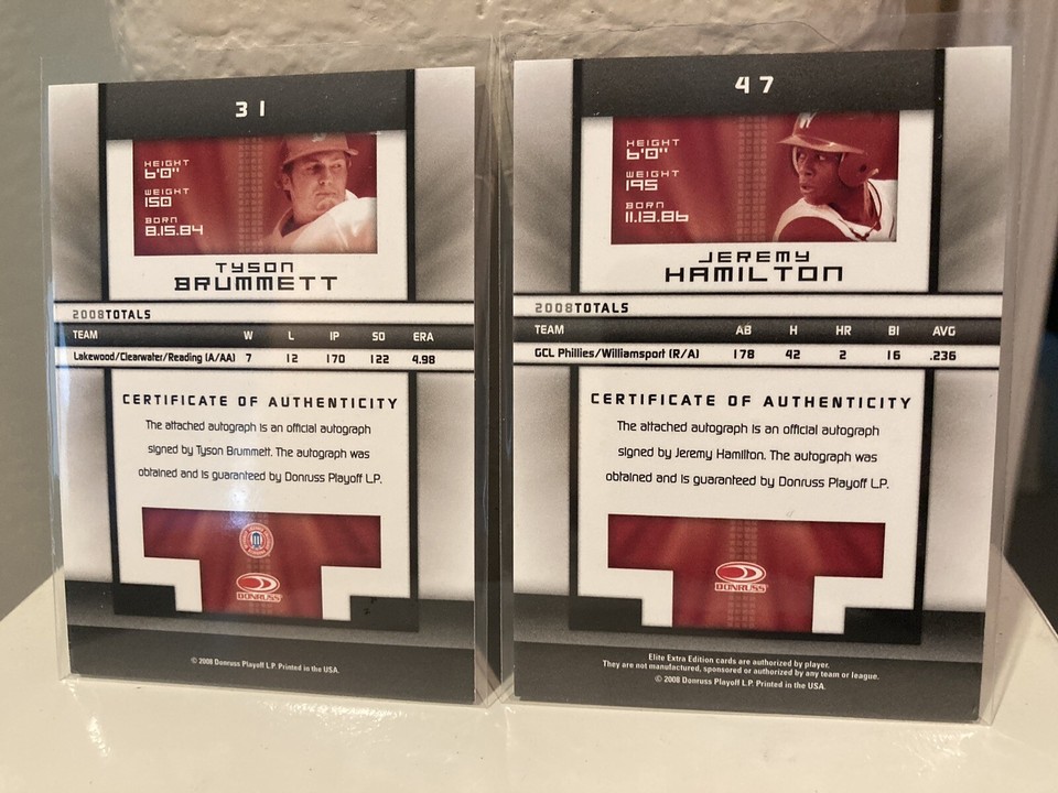 2008 Donruss Elite JEREMY HAMILTON TYSON BRUMMETT Phillies Auto Lot | eBay
