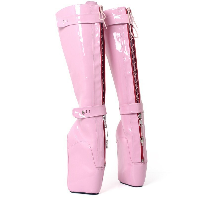 Women Cosplay Pink Knee High Locking Ballet Boot Lace UP Shoe Leather ...
