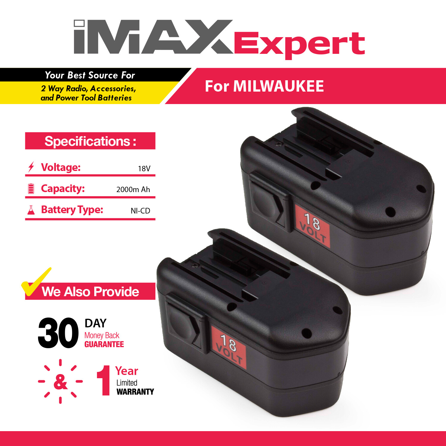 2 pcs 18v 2000mAh NiCd Battery for Milwaukee 48-11-2230 48-11-2200 48 ...