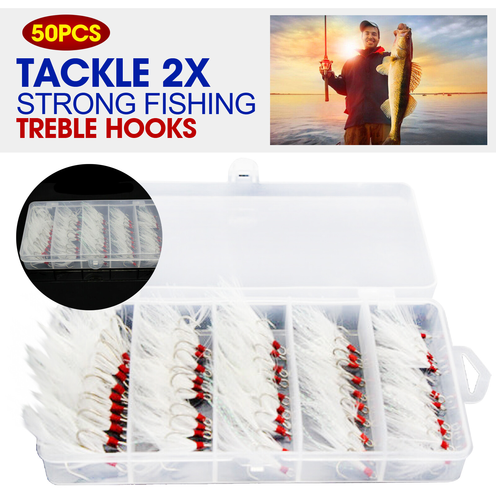 50Pcs Tackle 2X Strong Fishing Treble Hooks with Feather Dressed 2/4/6 ...