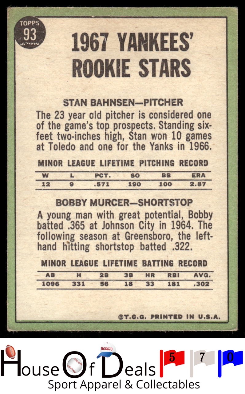 1967 Topps #93 Yankees Rookie Stars Stan Bahnsen Bobby Murcer Yankees ...
