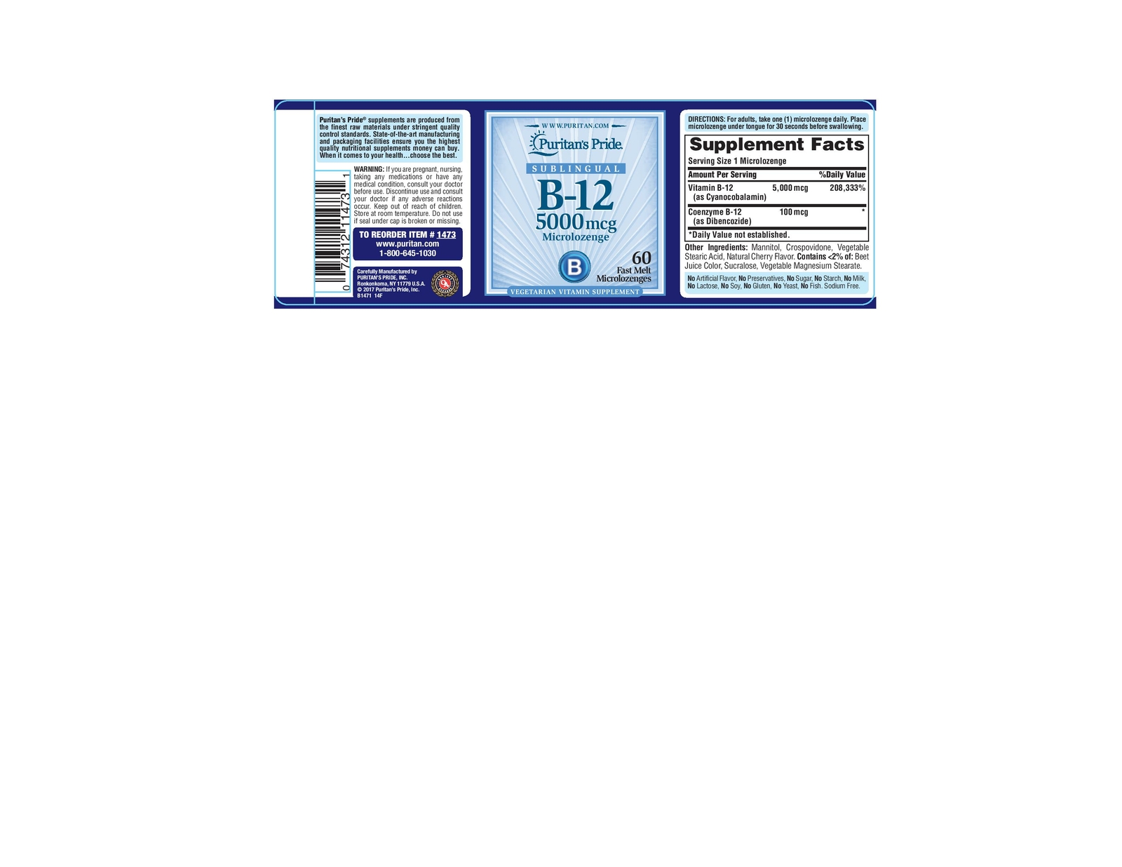 Puritan's Pride Vitamin B-12 5000 mcg Sublingual - 60 Microlozenges | eBay