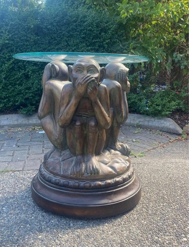 Whimsical Round Glass Top Table on Revolving Three Wise Monkeys Base | eBay