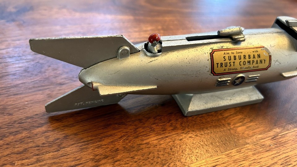 Vtg 1950's Space Age MERCURY ROCKET Metal Penny Coin MECHANICAL BANK ...