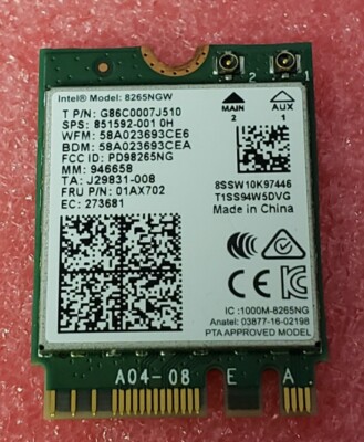 Intel 8265NGW -AC 8265, 802.11ac 867Mbps 2x2 MU-MIMO Bluetooth 4.2 2.4G ...