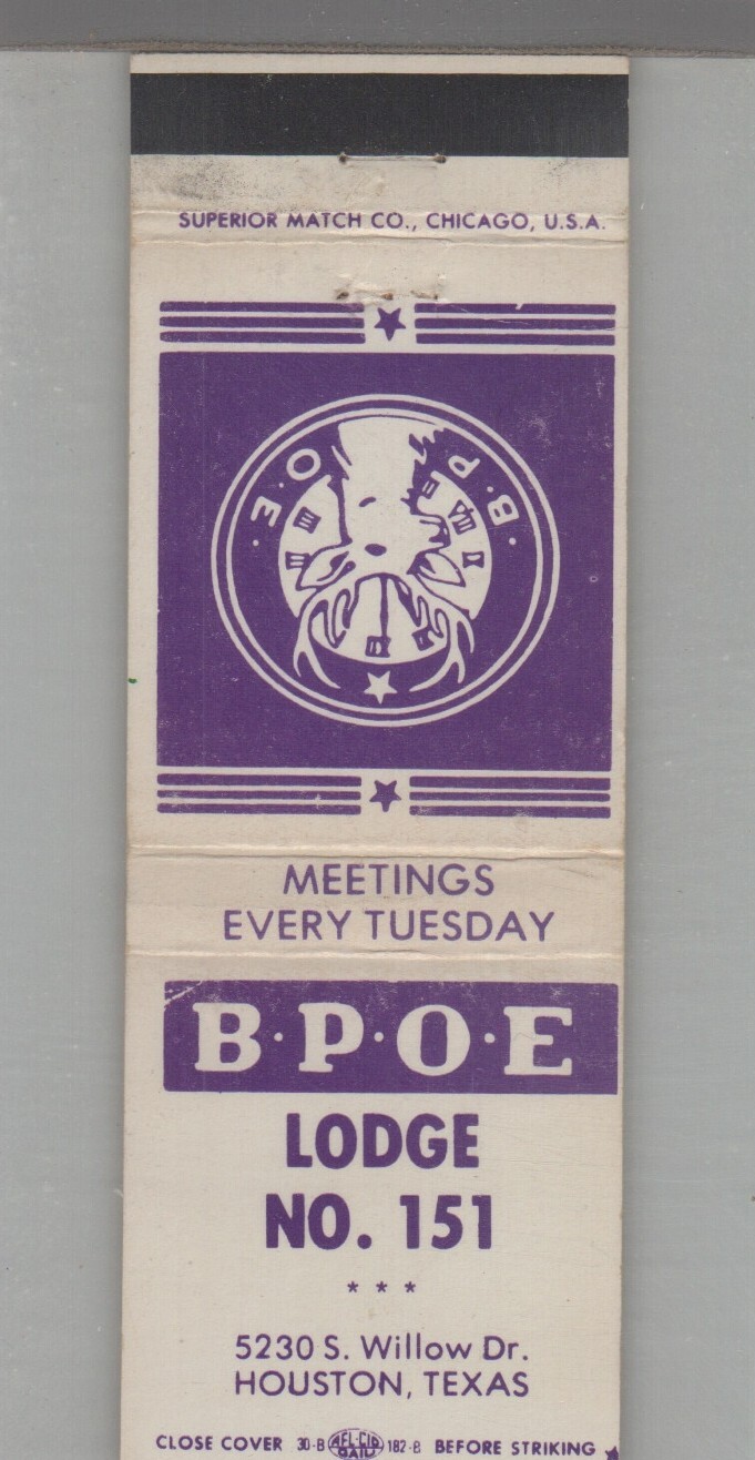 Matchbook Cover BPOE Elks Lodge # 151 Houston, TX | eBay