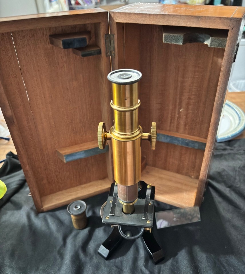 Antique Brass Microscope w/ Case, 2 Lenses & Slides c.1890s–1920s ...