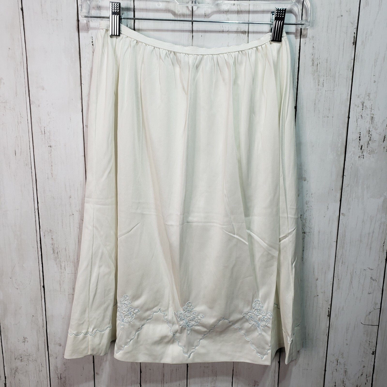 Vintage White Half Slip Blue Embroidered Hem - Gem