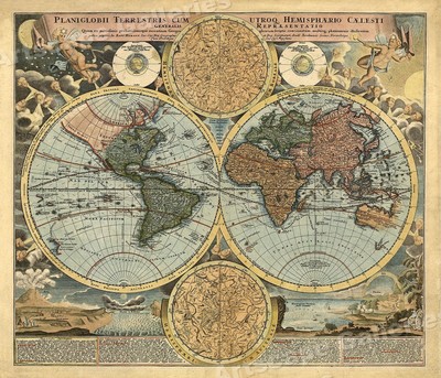 1716 Historic Old World Illustrated Hemispherical Exploration Map ...