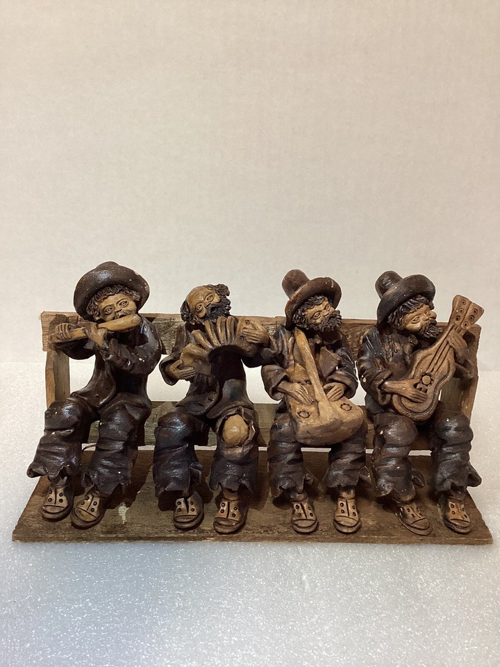 Vintage Handmade Clay Art 4 Hobos Musicians Playing On A Bench 4.5 X 9 ...