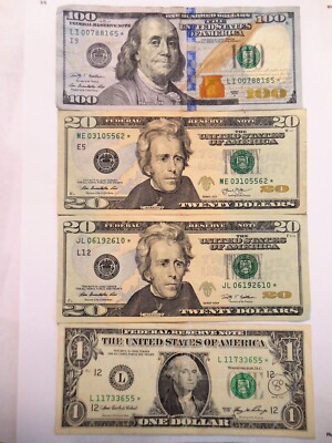 Group of 4 ***Star Note*** Bills, $141 (Face Value), $100, (2) $20 and ...