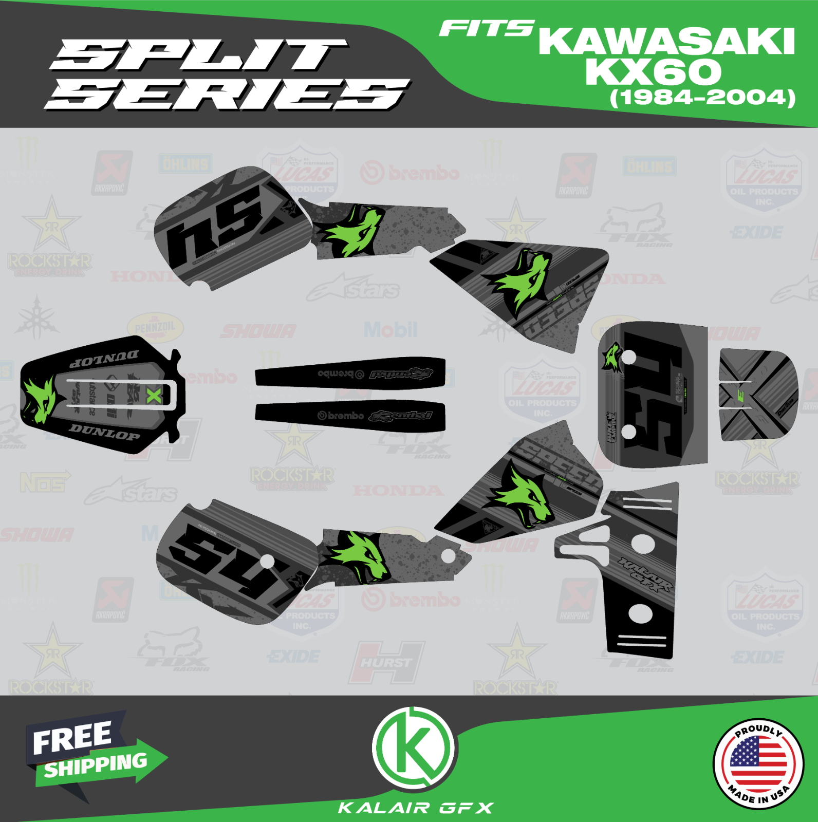 Graphics Kit for KAWASAKI KX60 KX KAWA (1984-2004) Split- Green Shift ...