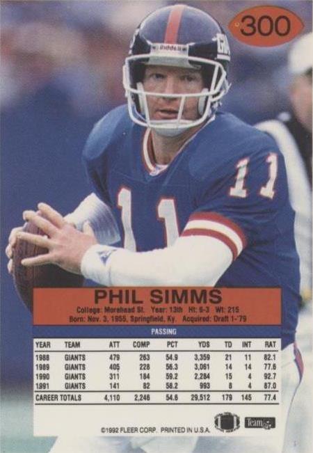 Las mejores ofertas en 1992 Fleer Phil Simms #300 | eBay