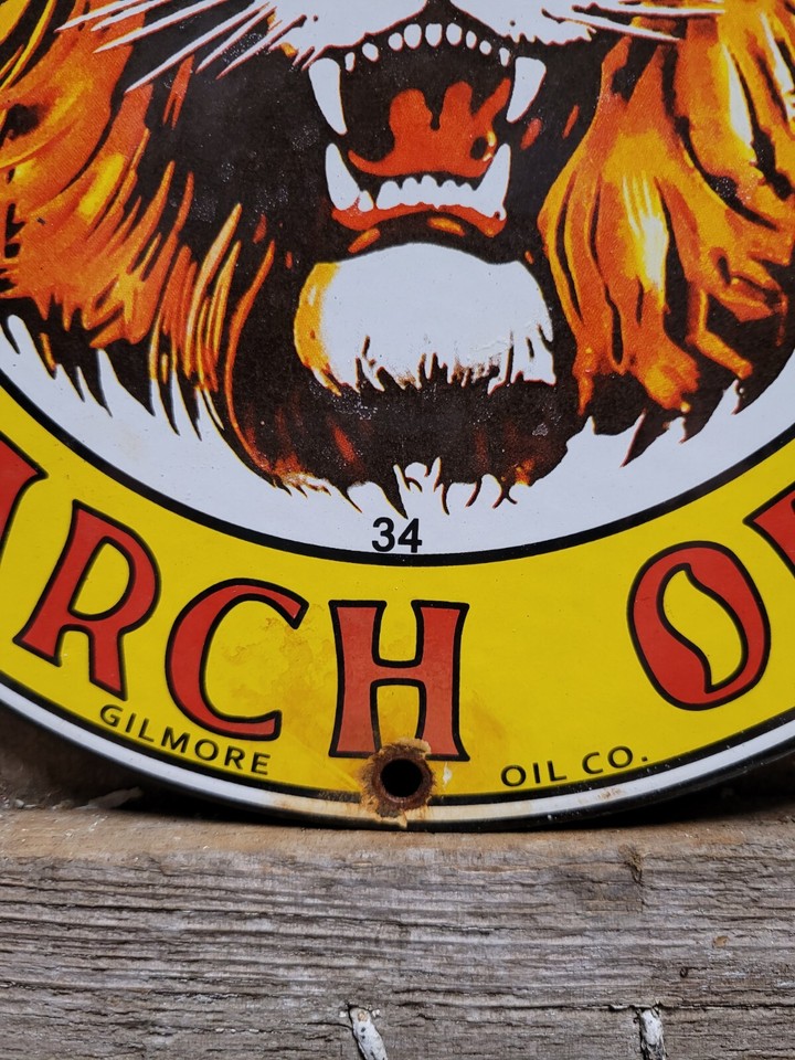 VINTAGE GILMORE PORCELAIN SIGN OLD GRAVITY LION CAR OIL STATION GAS ...
