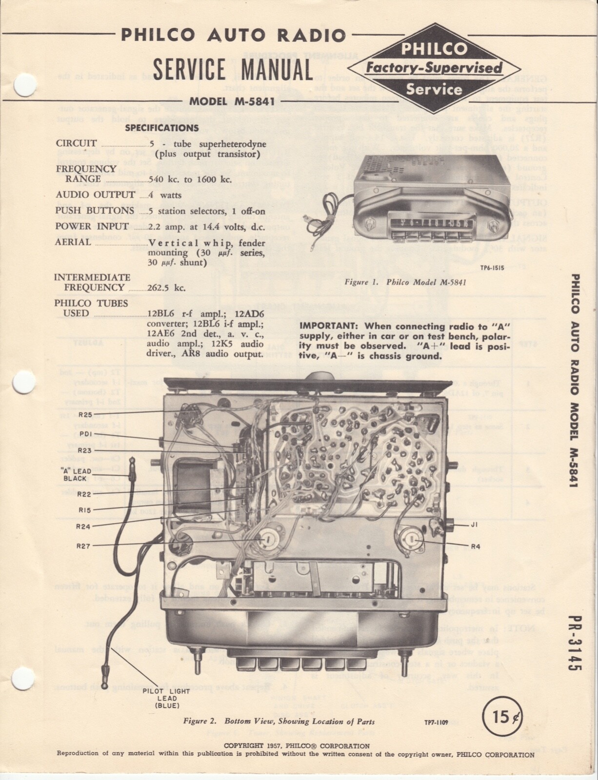 Philco Auto Radio Service Manual Model M-5841, 1957 | eBay