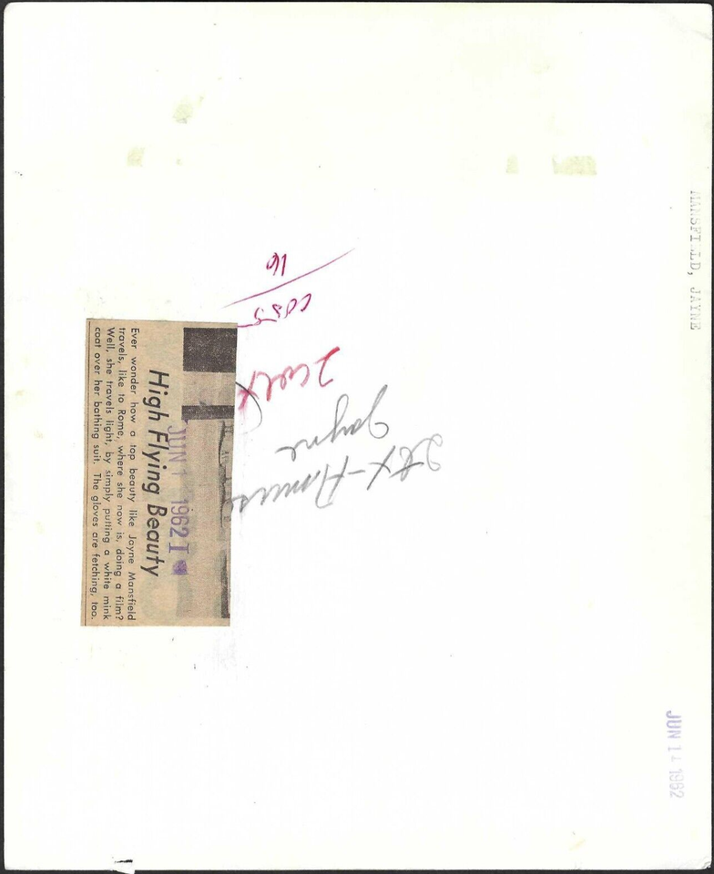 HOLLYWOOD JAYNE MANSFIELD ACTRESS FLYING TO ROME 1962 VINTAGE ORIGINAL ...