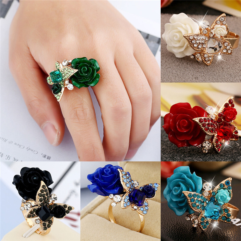 Adjustable Rose Butterfly Finger Ring Crystal Rhinestone Ring Jewelry A ...