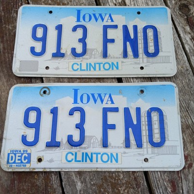 PAIR 1999 Iowa License Plates - "913 FNO" CLINTON Dec 99 sticker | eBay