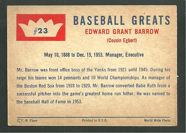 1960 Fleer Baseball Greats #23 Ed Barrow Baseball Card Tigers Red Sox ...