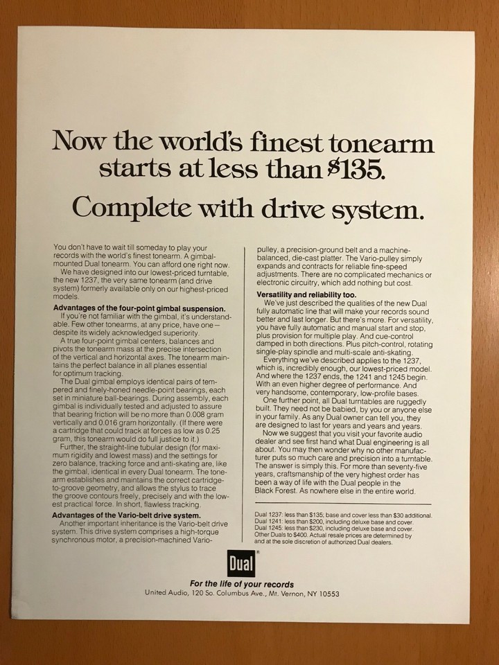 ORIGINAL UNITED AUDIO DUAL TONEARM 1237, 1241 & 1245 SALES BROCHURE ...