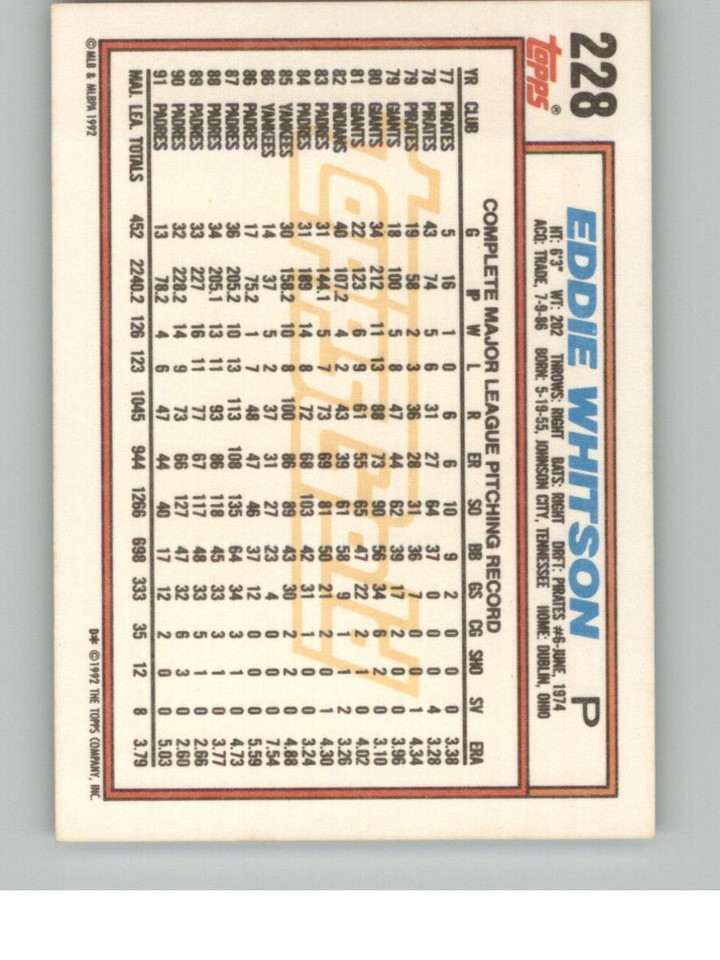 1992 Topps Ed Whitson 228 San Diego Padres Gold | eBay