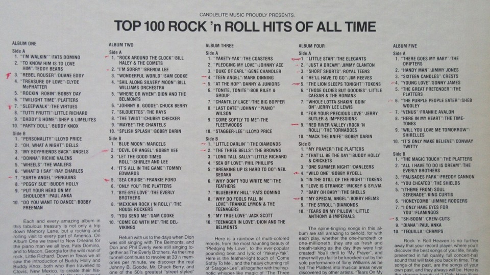TOP 100 ROCK 'N ROLL HITS OF ALL TIME RCA DML5-0436 COLLECTOR'S SET LP ...