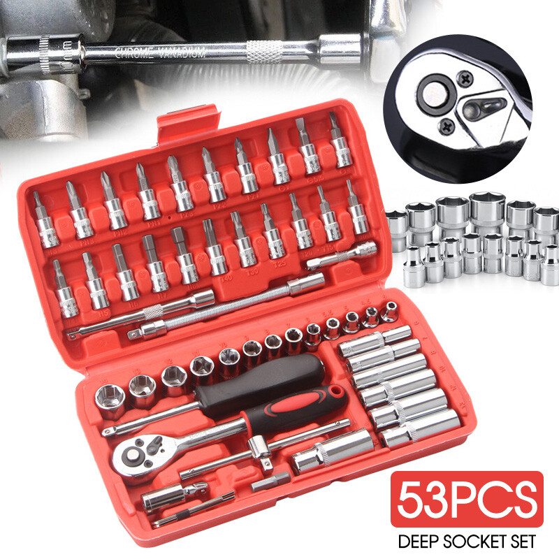 53PCS Deep Socket Set Metric Wrench CRV 1/4" Drive Flexiable Extension ...
