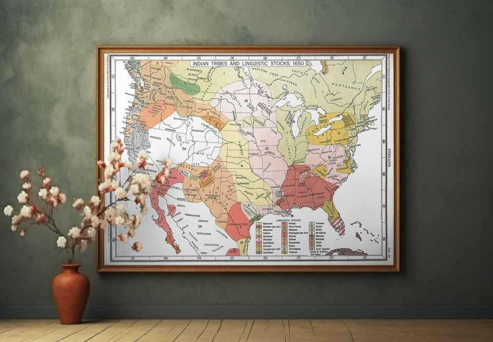 1650 Map US Indian Tribes and Linguistic Languages Stocks Native ...